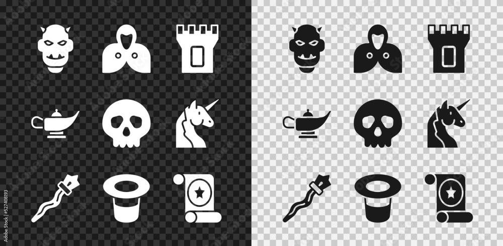 Set Mask of the devil with horns, Mantle, cloak, cape, Castle tower ...