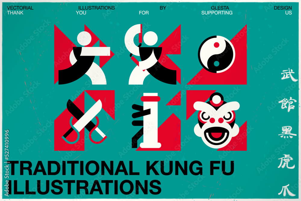Vetor de Traditional Kung Fu vectorial illustrations. Punch, nunchaku ...