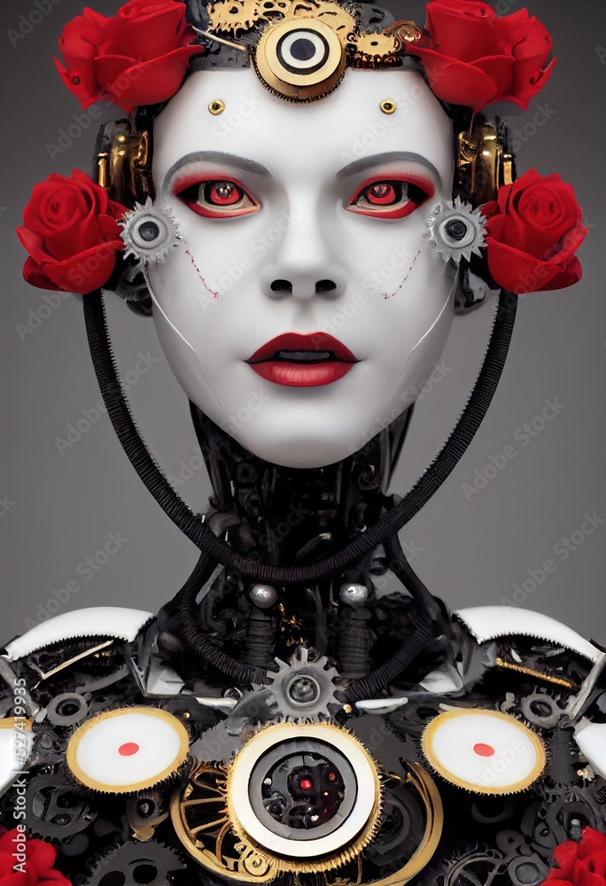 Portrait of a Victorian steampunk female robot. Artistic abstract ...