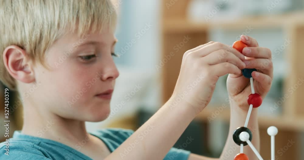 Learning, boy or child with molecule model developing mental, logic or ...