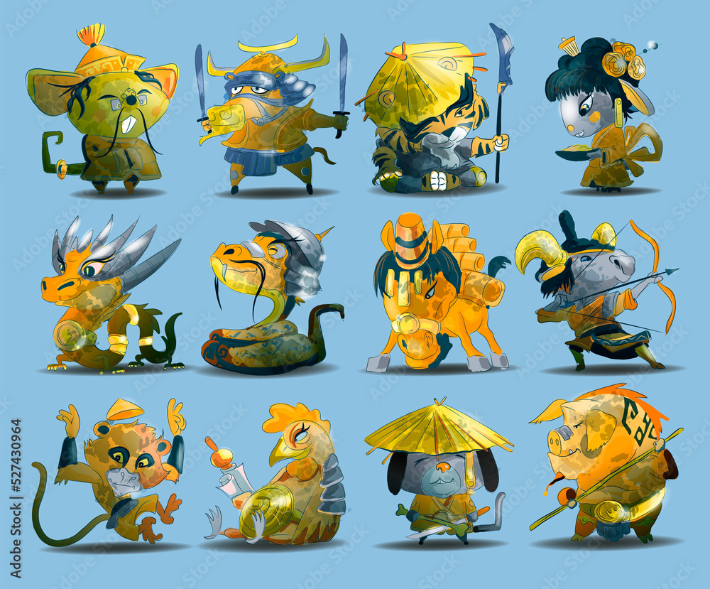 Chinese zodiac animals cartoon set of rabbit dog monkey pig tiger horse ...