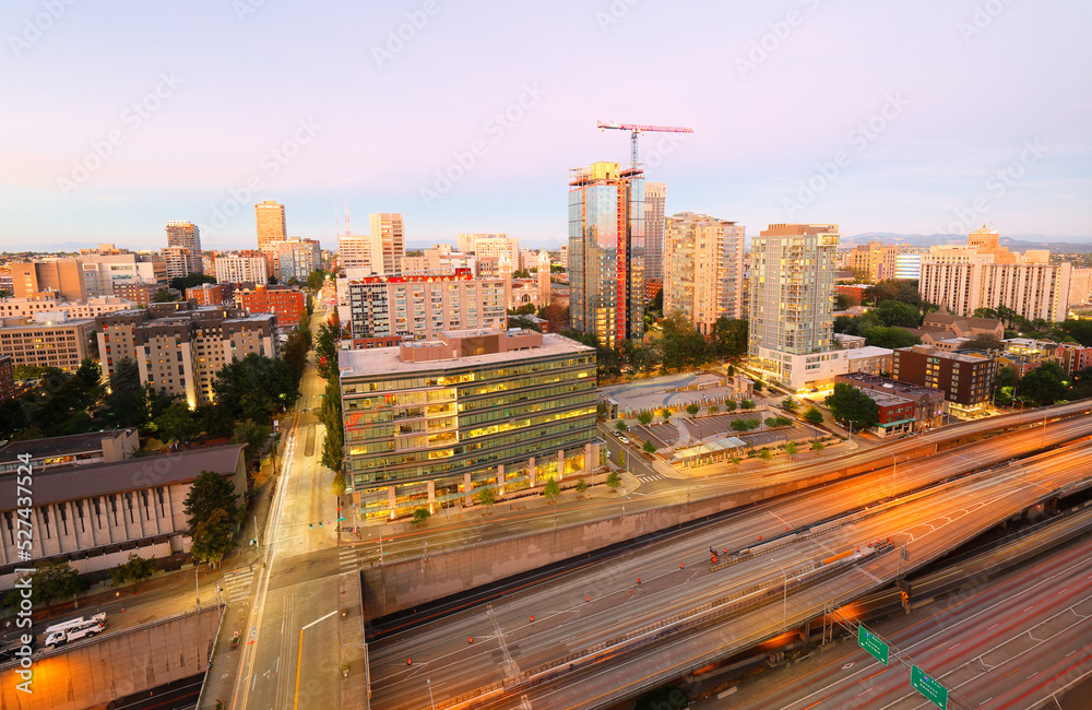 Bird's eye view of the Seattle downtown before sunrise. Seattle, a city ...