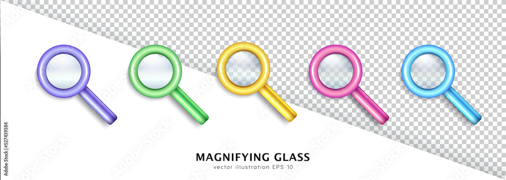 Collection of five 3d colorful magnifying glasses. Top view of glossy ...