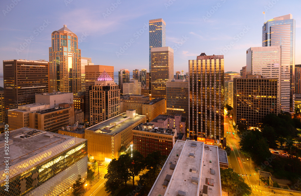 Bird's eye view of the Seattle downtown before sunrise. Seattle, a city ...