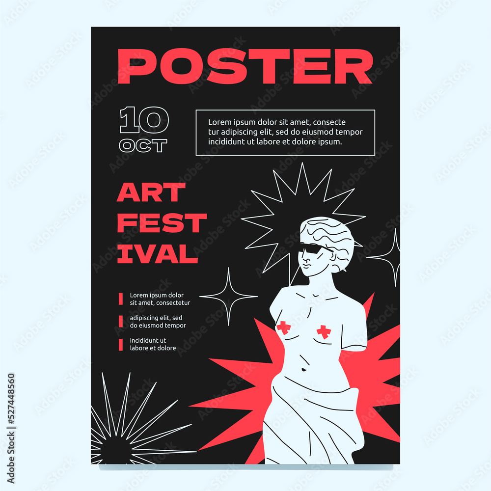 A contrasting, bright poster with a stylized sculpture of a Greek ...