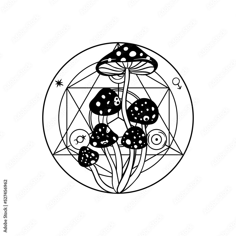 Magic mushrooms over esoteric symbol. Vector illustration . Geometric ...