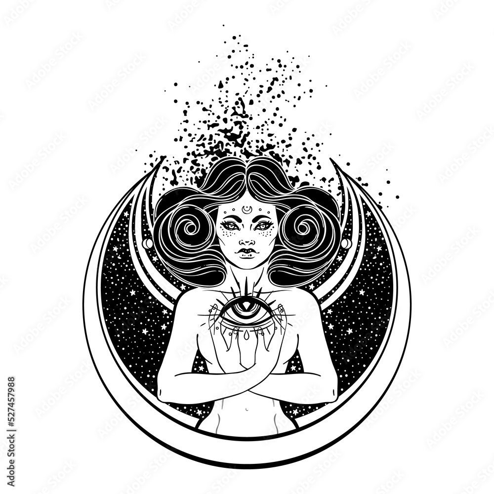 African American magic woman holding all seeing eye with rays. Vector ...