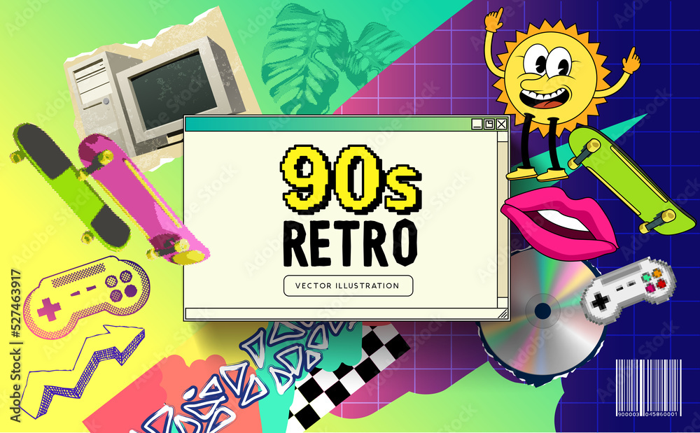 1990s retro background themed frame with iconic nineties objects and ...