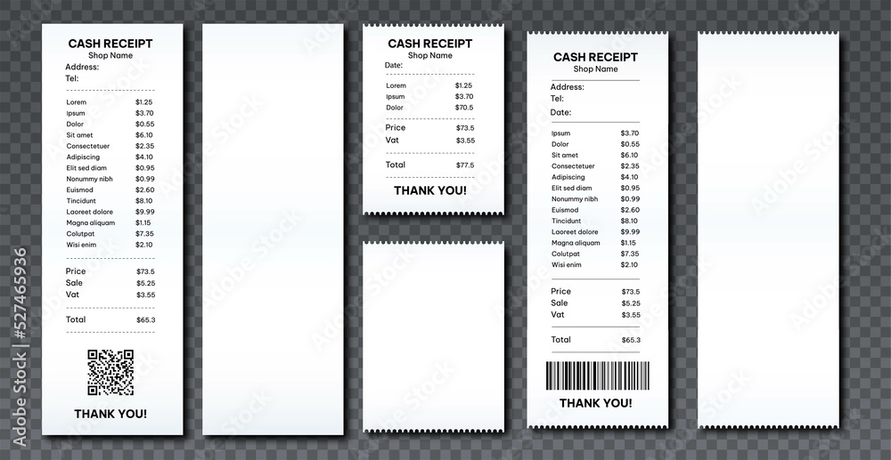Cash receipt set. Collection of checks purchases and banking ...