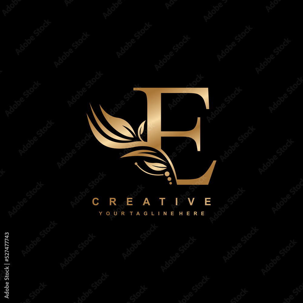 gold letter E logo design with luxurious and beautiful leaf ornament. E ...