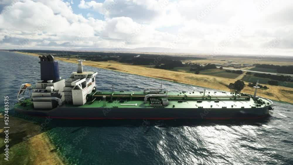 Oil tanker grounded in Suez Canal. Animation shows a big ship stuck ...