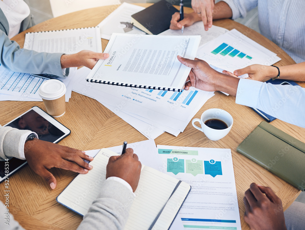 Teamwork hands, data planning and research paperwork in business ...