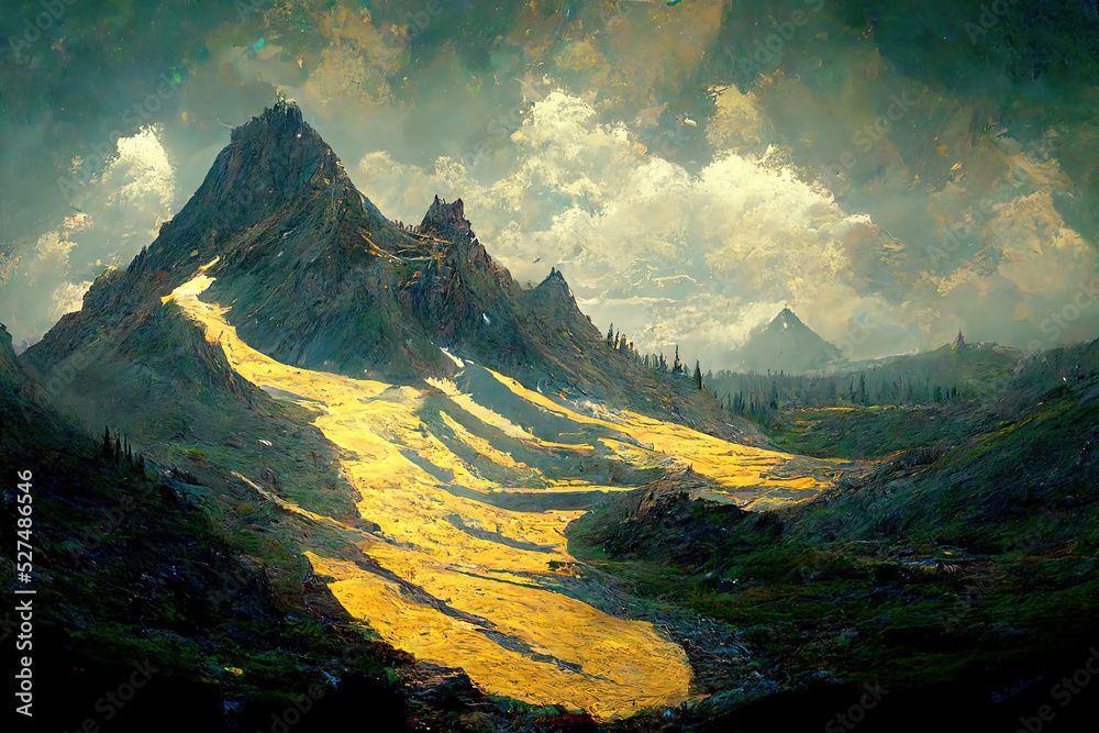 Fototapeta Great River and Mountain. Beautiful Valley and Plain ...