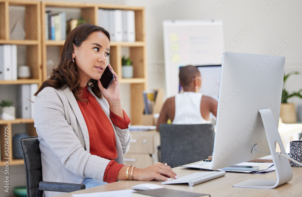 Corporate woman on phone call and computer typing, working on company ...