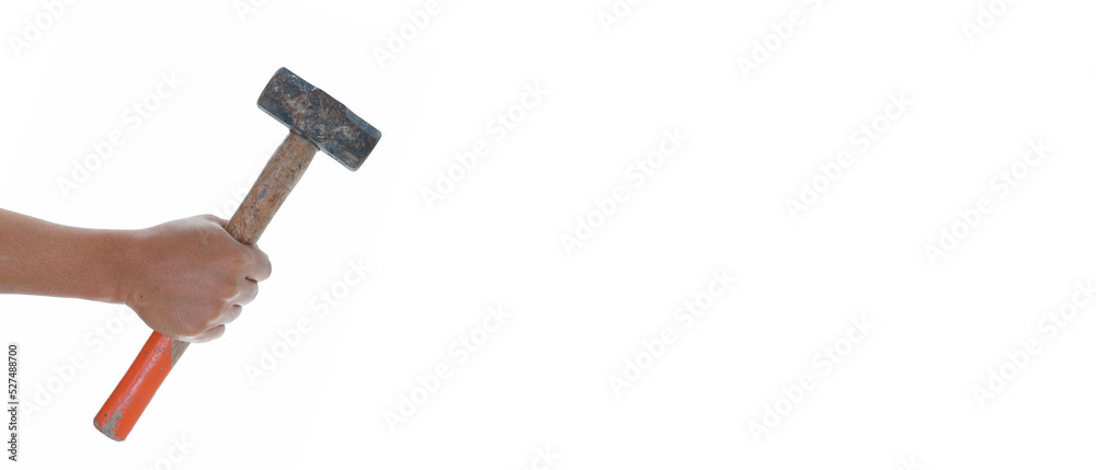 Hand holding wooden sledge hammer isolated white background with copy ...