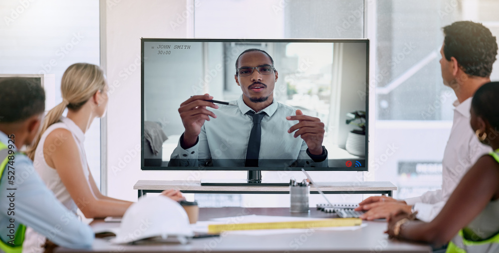 Video call, business meeting and industry workers planning a project ...