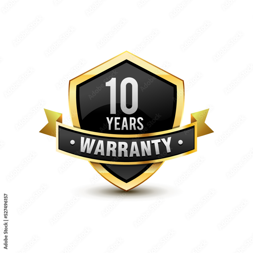 Golden color shield 10-Year warranty badge with ribbon vector ...