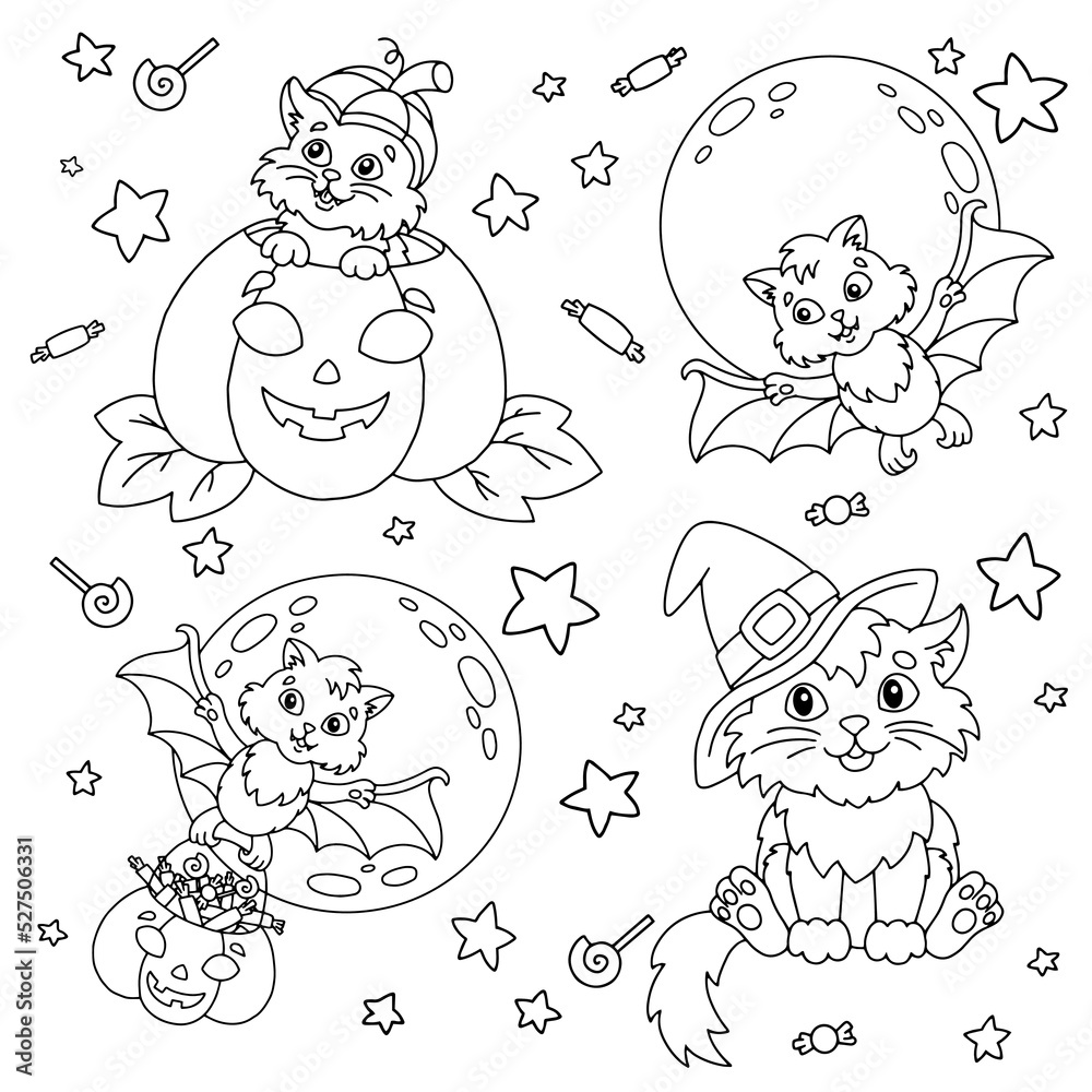 Cat in a witch hat, bat, pumpkin, moon. Halloween theme. Coloring book ...