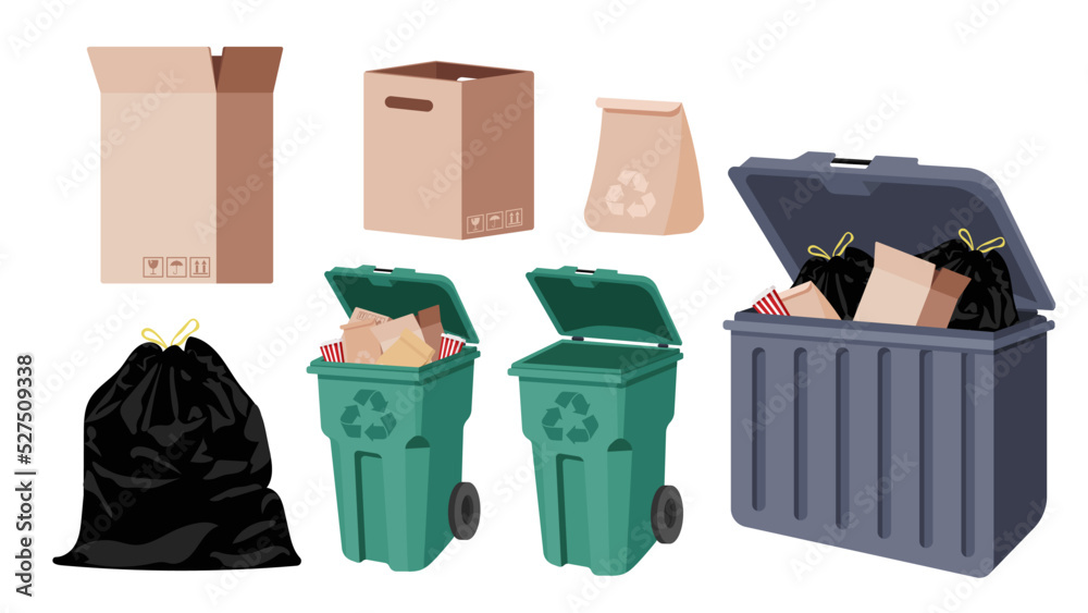 Collection set of recycled garbage dustbin paper box black plastic bag ...