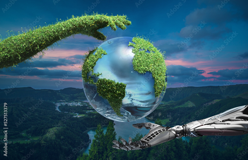 Hi Tech Mechanical Robot and Nature covered with flowers and grass two ...