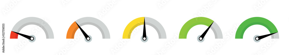 Colour speedometer set. Meter level. Good and Bad meter. Colored scale ...