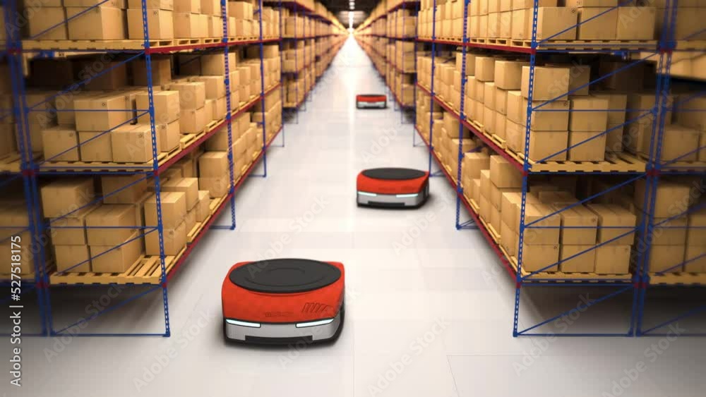 Autonomous robots moving shelves with cardboard boxes in automated ...
