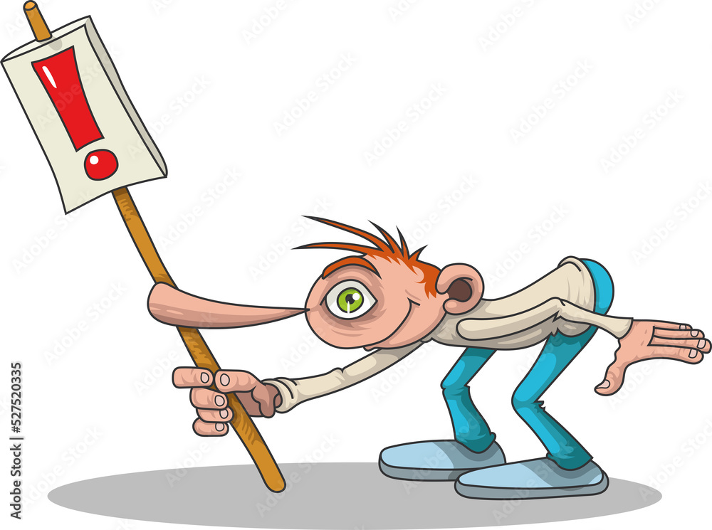 Personnage rigolo qui tient un panneau attention point d'exclamation ...