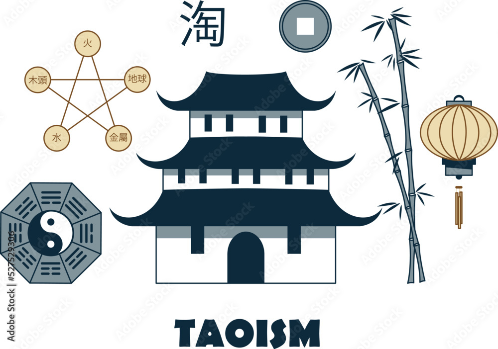 Taoism. Vector concept of traditional Chinese religion symbols. Stock ...