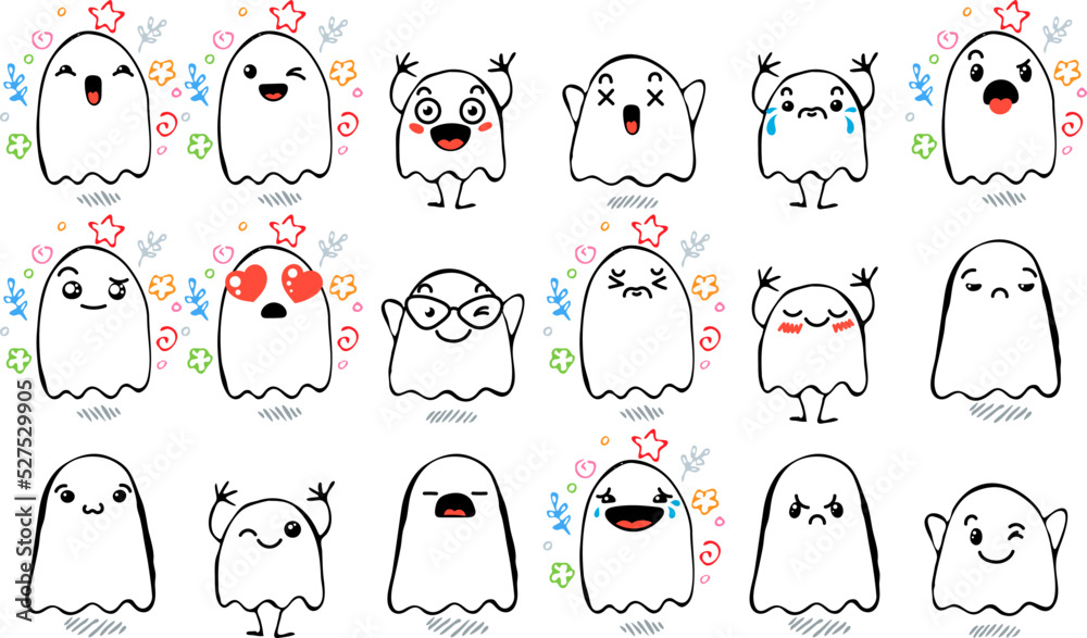 Set of Various Cartoon Ghosts with Emoticons. Doodle ghouls, eyes and ...
