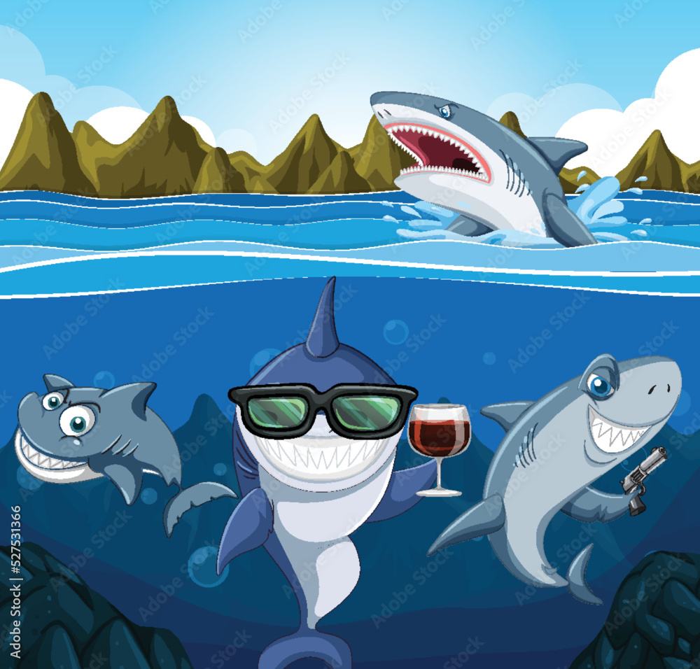 Shark cartoon character underwater scene Stock Vector | Adobe Stock