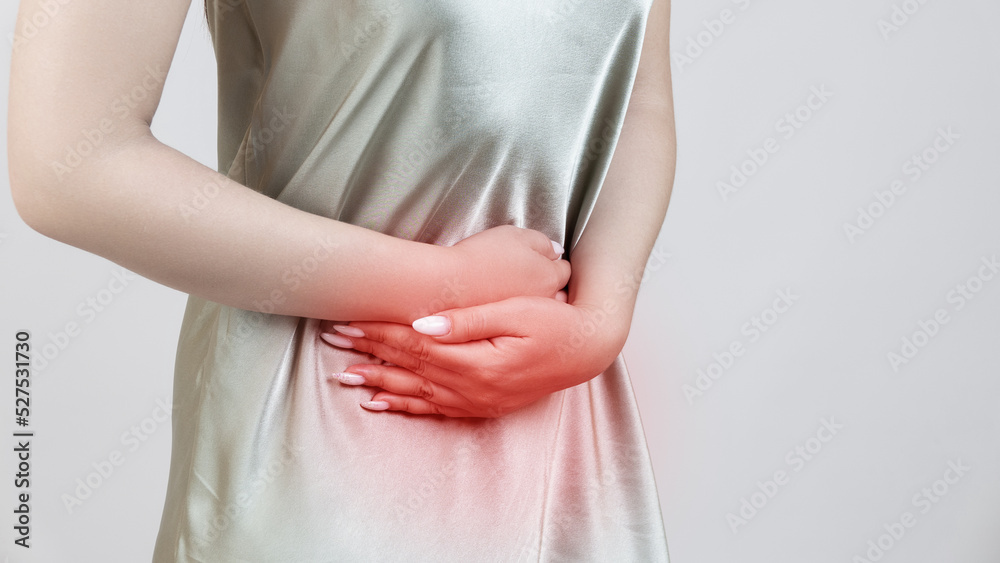 Menstrual pain, woman with stomachache suffering from pms ...