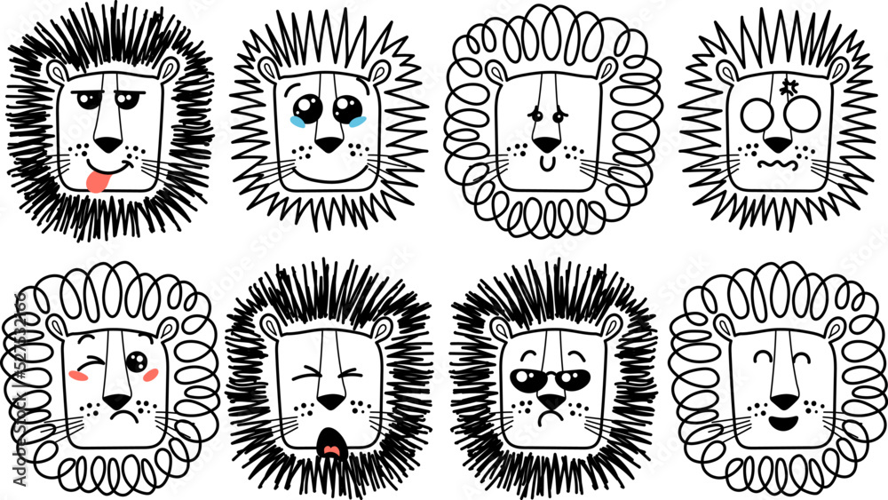 Isolated doodle cute Lion emoticons. Cute set of vector animals with ...