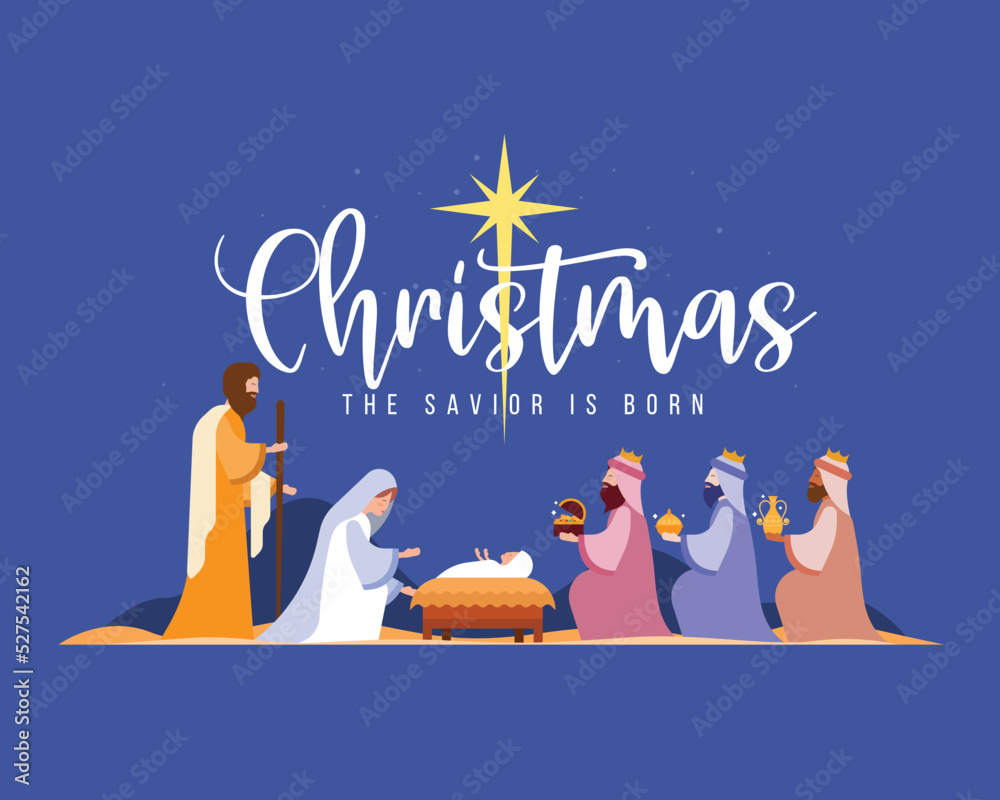 christmas the savior is born banner with Nativity of Jesus scene and ...
