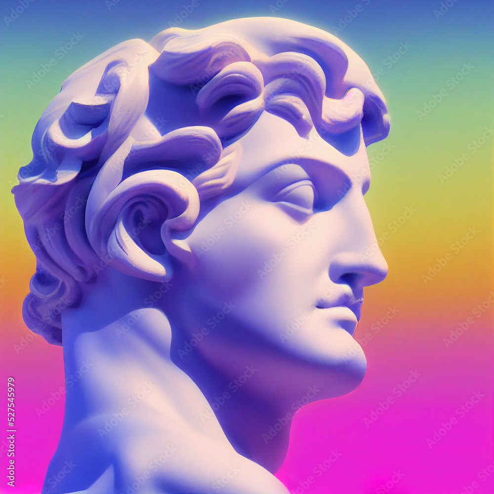 Greek god sculpture in retrowave city pop design, vaporwave style ...