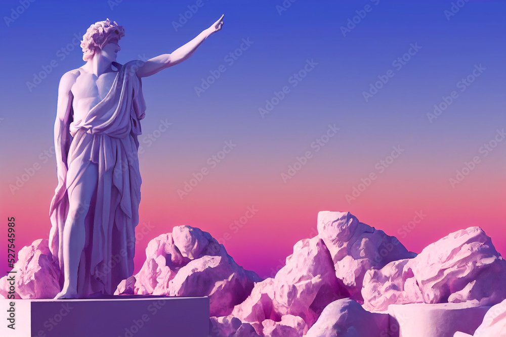 Greek god sculpture in retrowave city pop design, vaporwave style ...