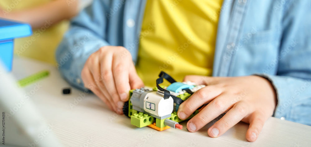 Programming work, learning robotics in elementary school. Children ...