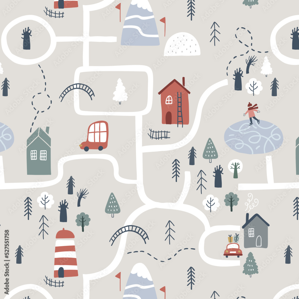 Cartoon town map. Cute childish background with houses, roads, trees ...