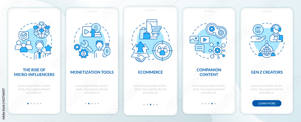 Creator economy trends blue onboarding mobile app screen. Walkthrough 5 ...
