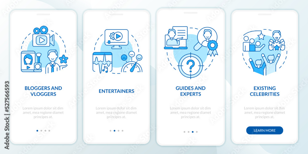 Types Of Creators Blue Onboarding Mobile App Screen Content Makers Walkthrough 4 Steps Editable