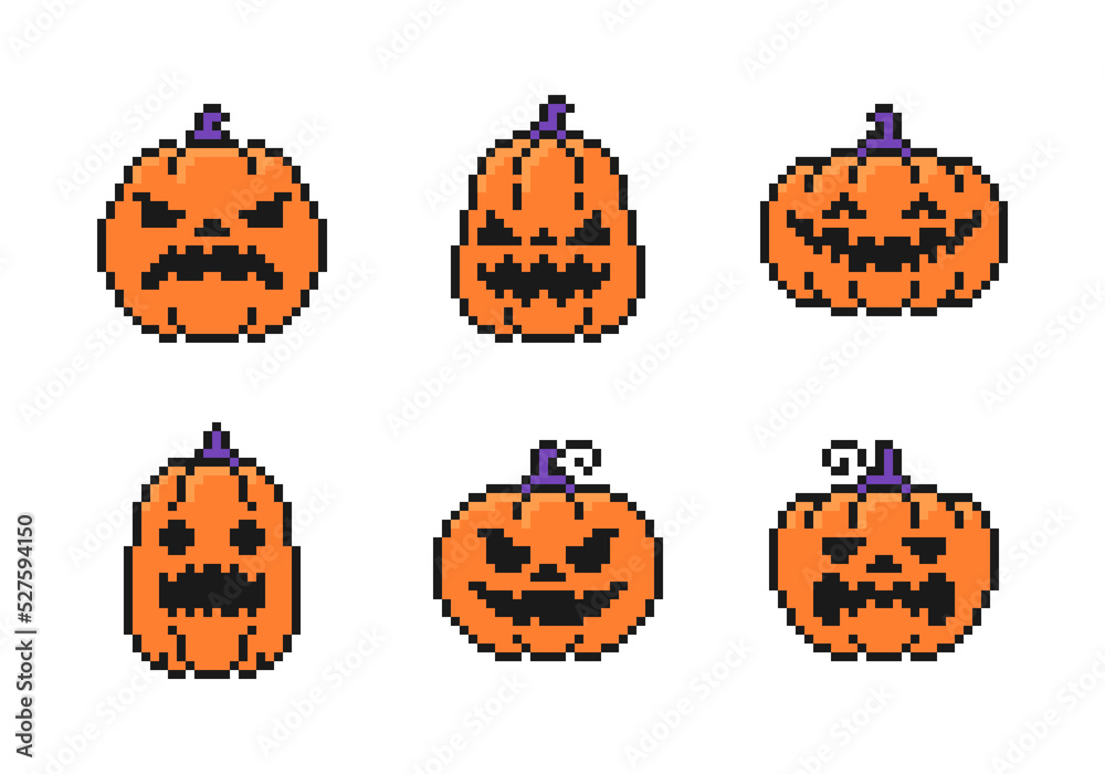 Halloween pixel pumpkin head set. Icons in pixel art design isolated on ...