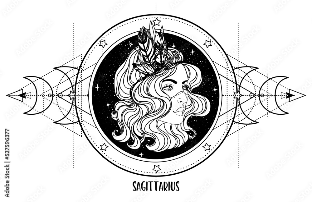 Illustration Of Leo Astrology Sign As A Beautiful Girl Over Sacred Geometry Frame Zodiac Vector