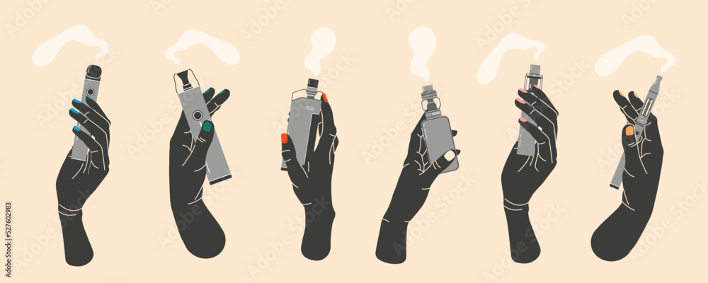 Hands holding vapes, colorful illustrations set. Electronic cigarettes ...