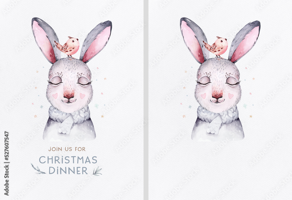 Watercolor new year baby bunny portrait illlustration oster. Merry ...