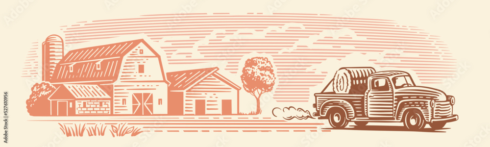 Farming landscape with pickup truck. Farm with barn drawing Stock ...