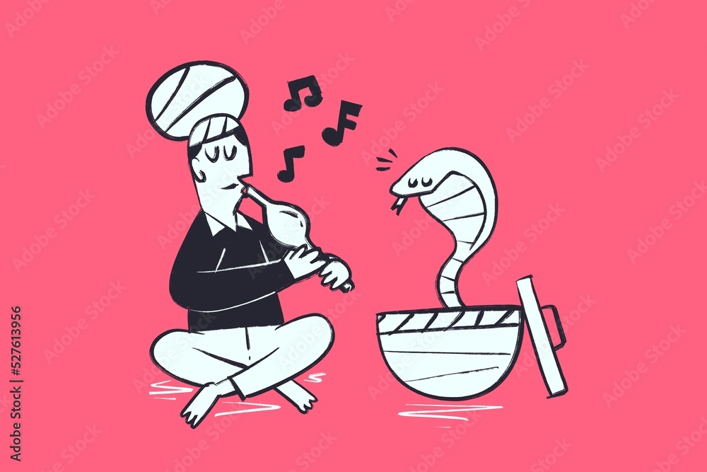 Snake charming with a flute - Comic strip illustration in cartoon style ...