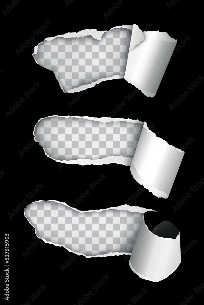 Vector set of realistic torn black paper holes with rolled edge on ...