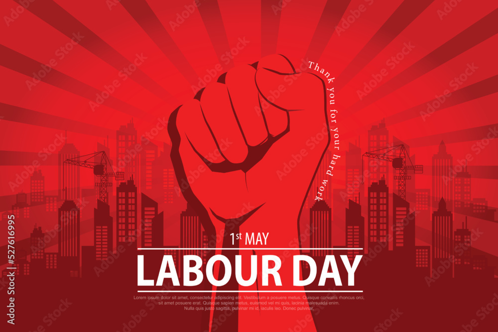 Vetor do Stock: International Labour Day Vector Poster. Happy Labour Day. 1st May with red hand ...