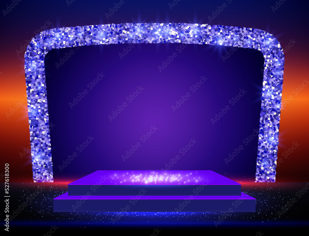 Vector empty neon shine table or room wall background with arch banner ...