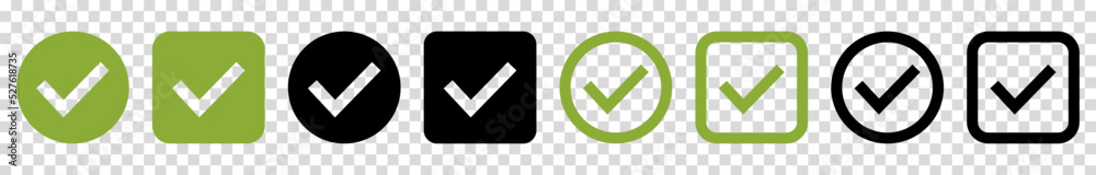 Check mark icons. Circle and square. Approval check in black and green ...