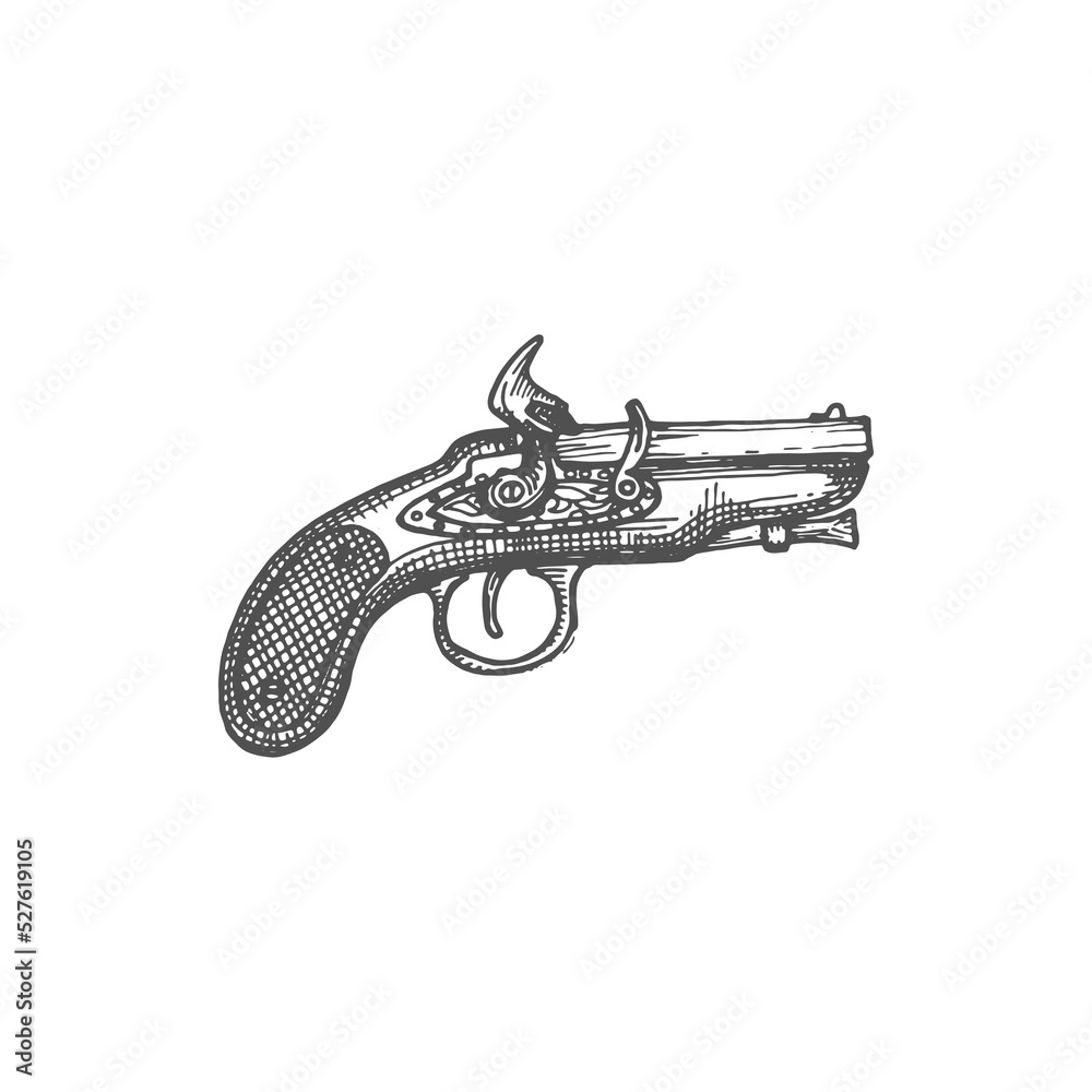 Flintlock pistol musket revolver handgun isolated duel gun with trigger ...
